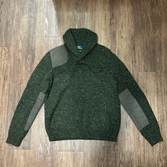 Polo Ralph Lauren Large Green Tweed Sweater Military Leather RRL VTG ...